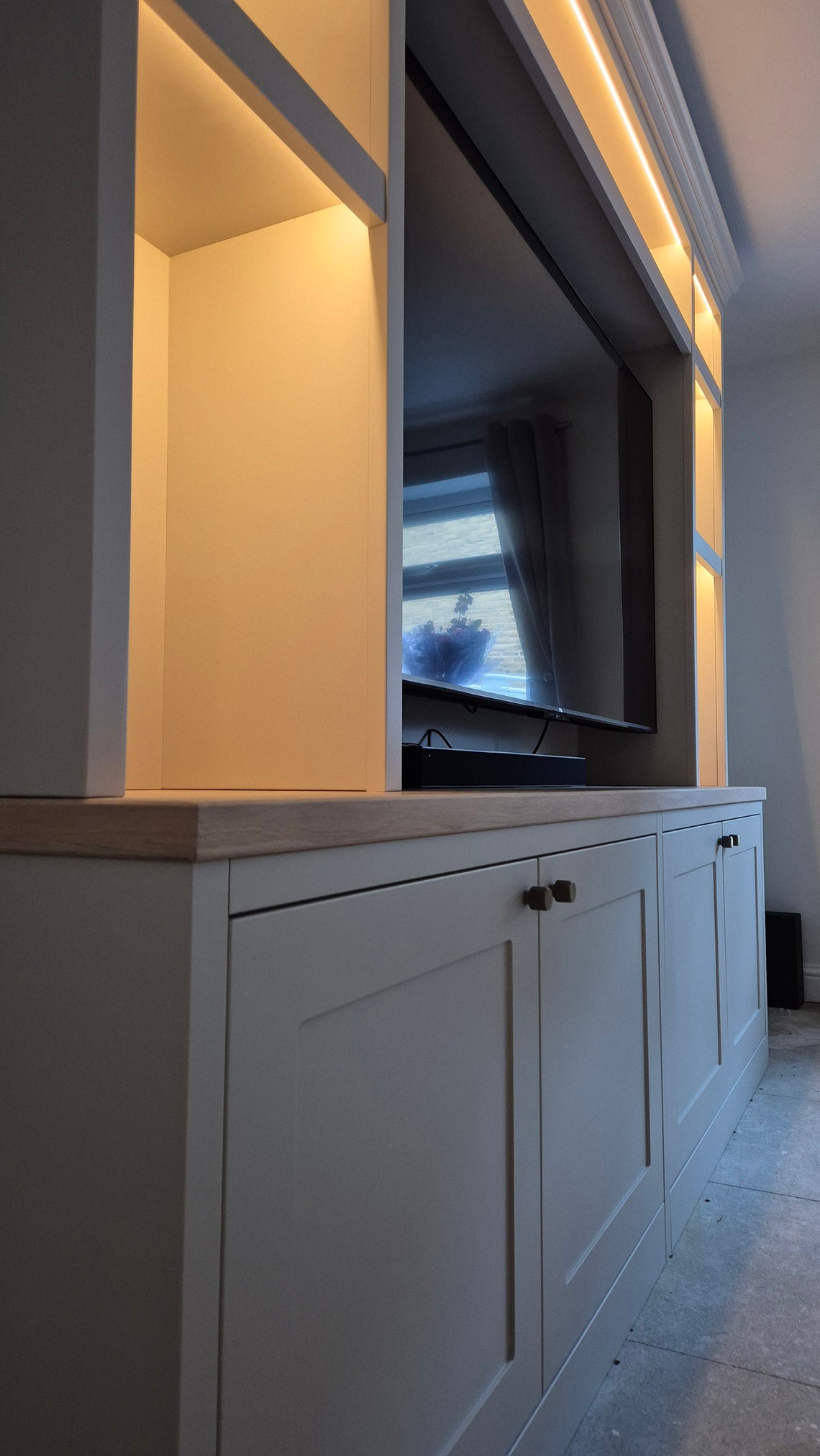 Custom Media Cabinet | Wall-mounted | Solid Oak Worktop | LED Lighting ...