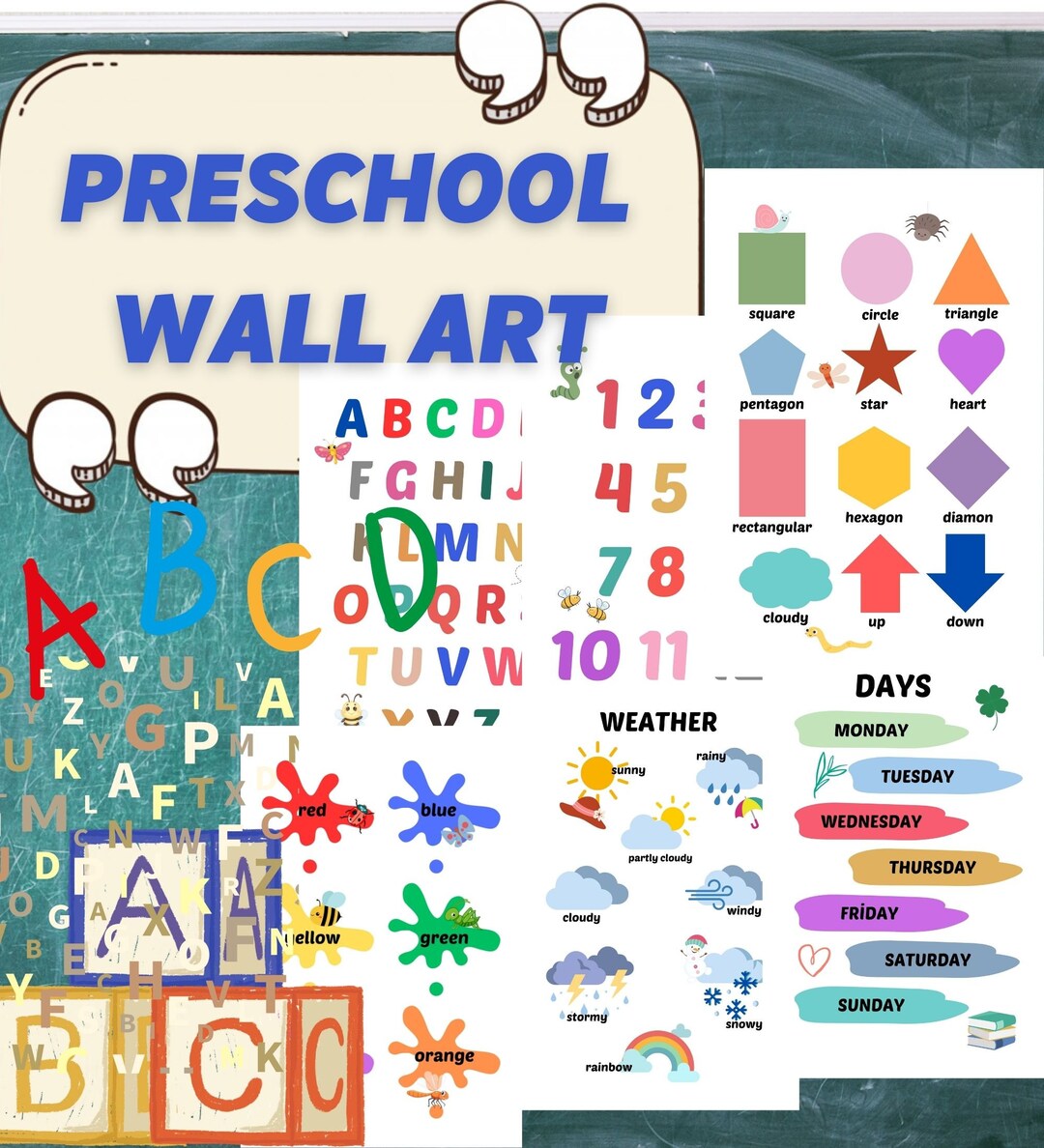Colorful Preschool Wall Art: Alphabet, Numbers, Shapes (digital ...