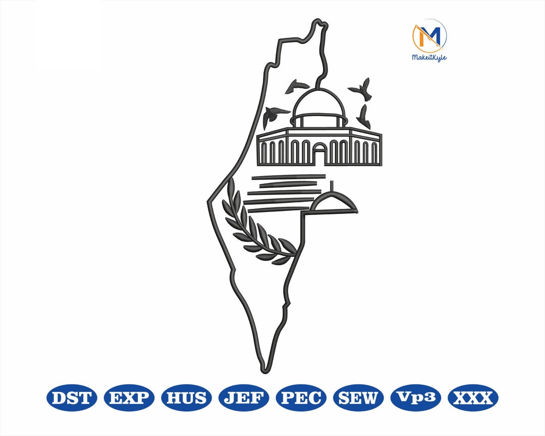Embroidered Palestine Map Design, Al Aqsa Mosque Outline Machine ...