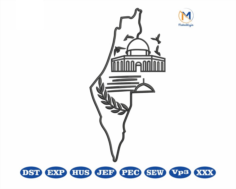 Embroidered Palestine Map Design, Al Aqsa Mosque Outline Machine ...
