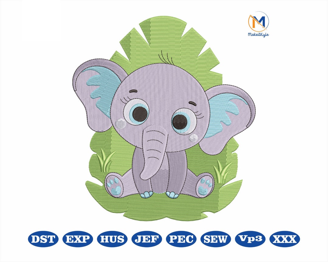 Baby Elephant Embroidery Pattern, Elephant With Green Grass Embroidery ...