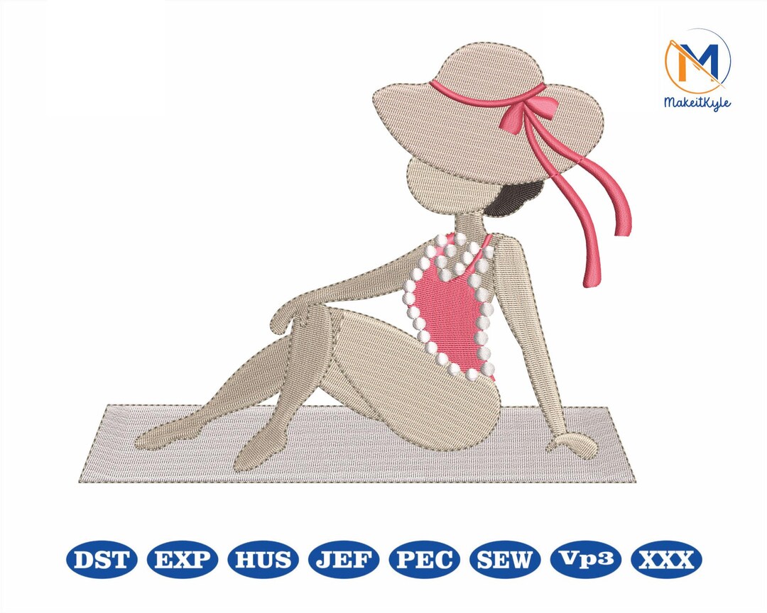 Sunbathing Girl Embroidery Design, Beach Embroidery Design, Girl ...