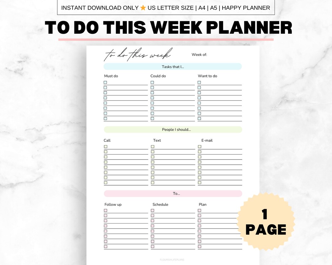 Weekly to Do List,work Day Planner,weekly Schedule,printable Week at a ...