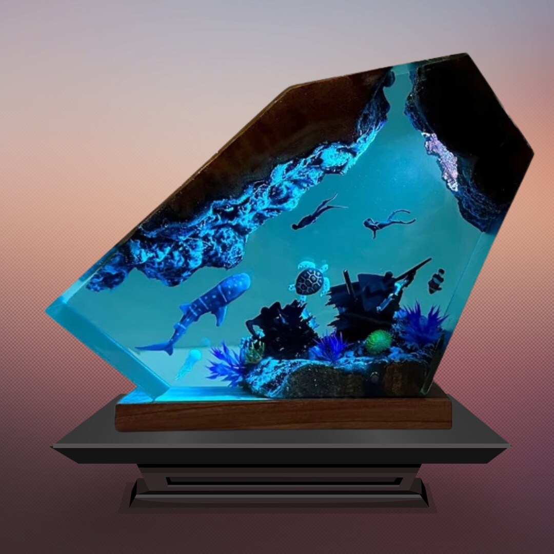 A Epoxy Resin Ocean Lamp, Seabed World Organism Resin Table, Resin Wood ...