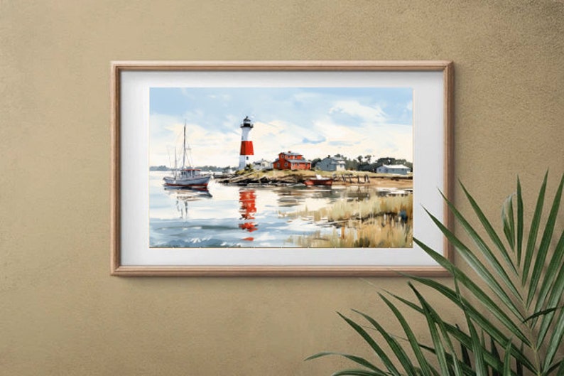 Nautical Harbor Scene Artwork, Printable Lighthouse Digital ...