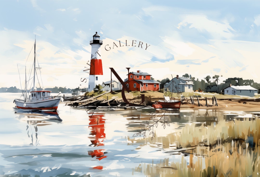 Nautical Harbor Scene Artwork, Printable Lighthouse Digital ...