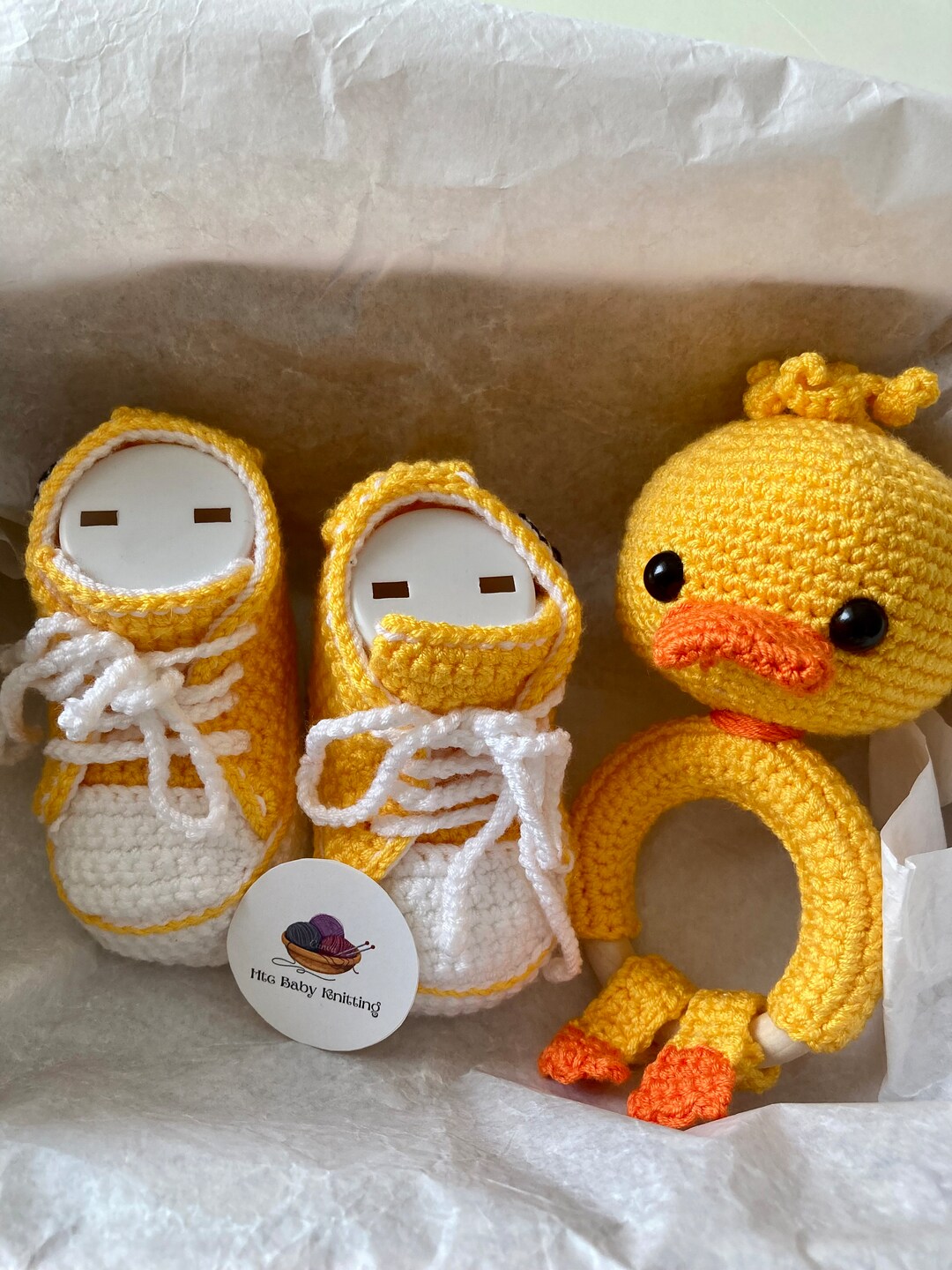 Baby Shower Gift Basket ,crochet Baby Sneakers, Yellow Duck Rattle ...