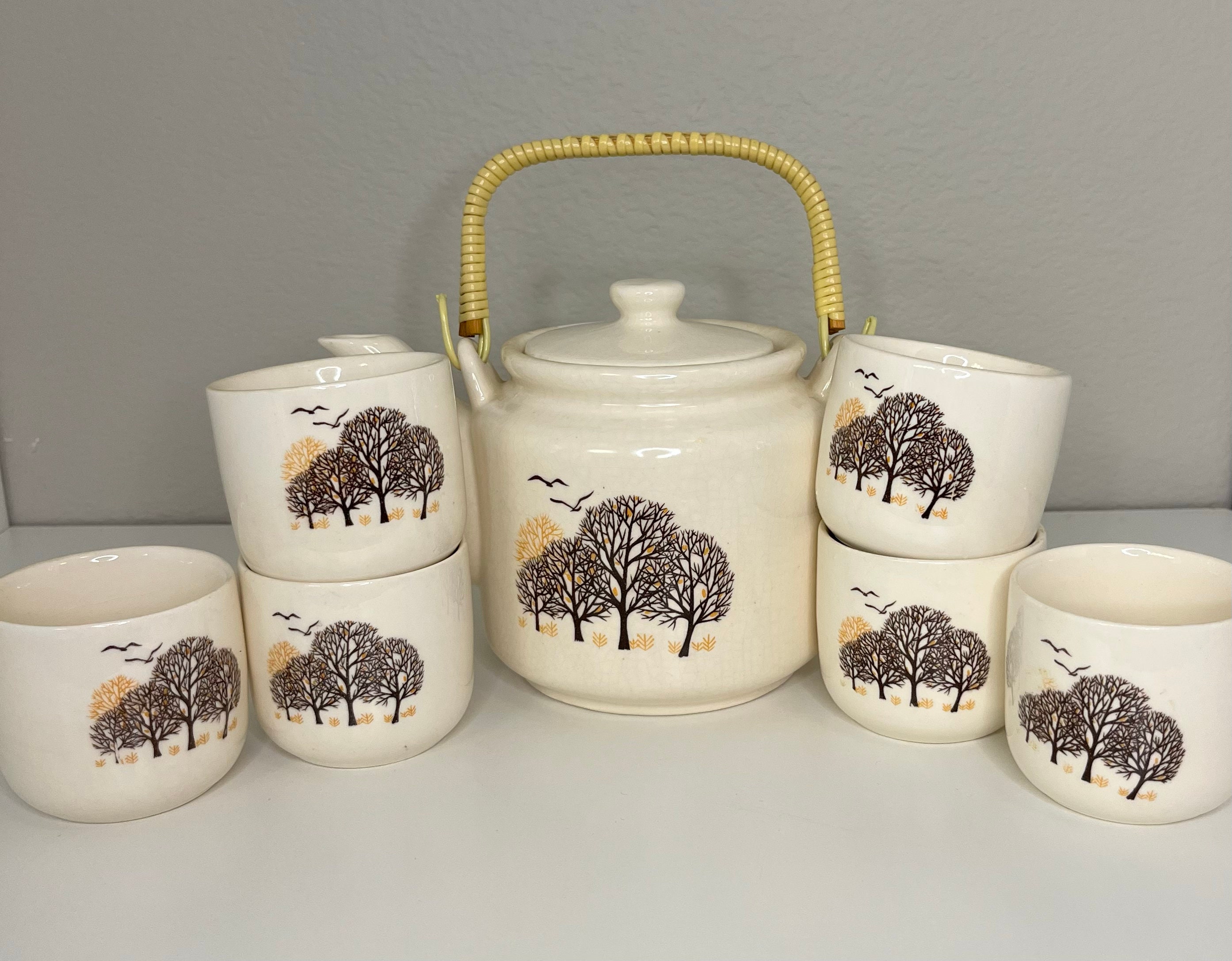 1970's Autumnal Tree Teapot and Cup Set - Serene Nature-inspired Tea ...
