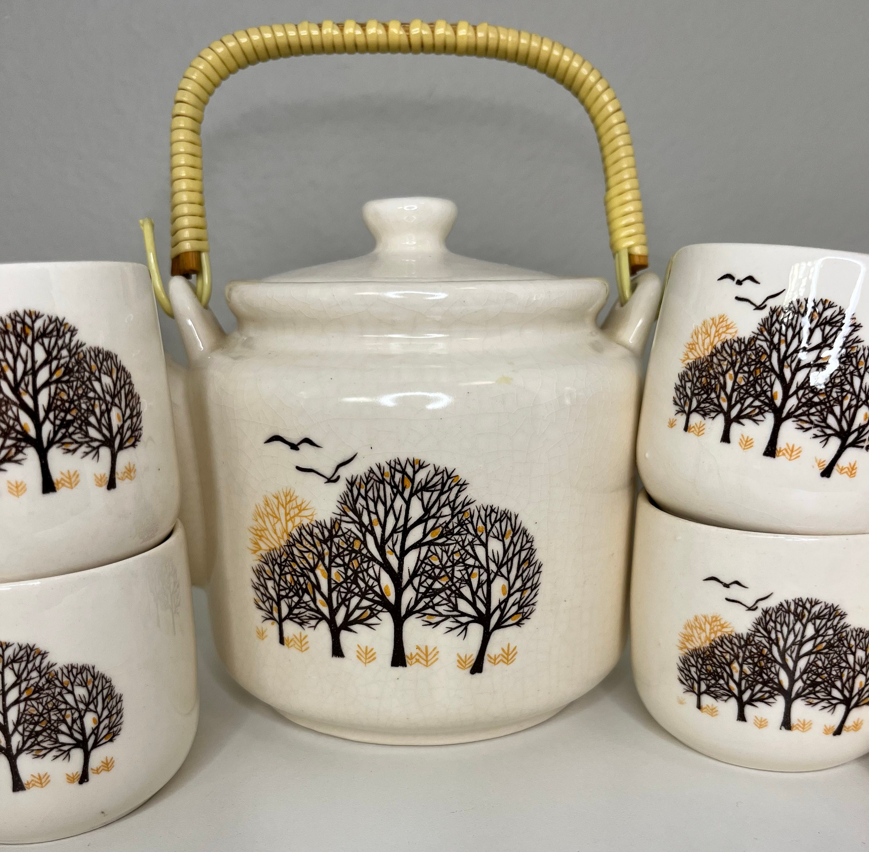 1970's Autumnal Tree Teapot and Cup Set - Serene Nature-inspired Tea ...