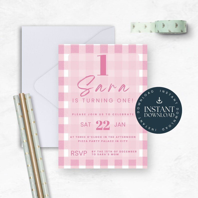 Pink Gingham First Birthday Party Bundle Customizable Editable ...