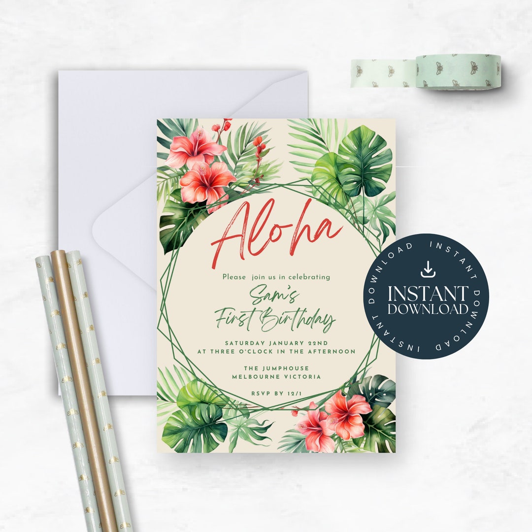 Tropical First Birthday Invitation Party Hawaiian Luau Aloha Boy/girl ...