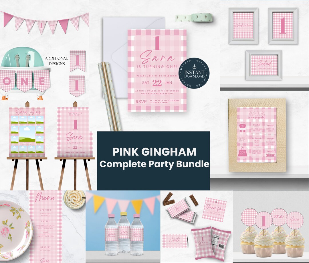 Pink Gingham First Birthday Party Bundle Customizable Editable ...
