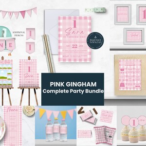 Pink Gingham First Birthday Party Bundle Customizable Editable ...