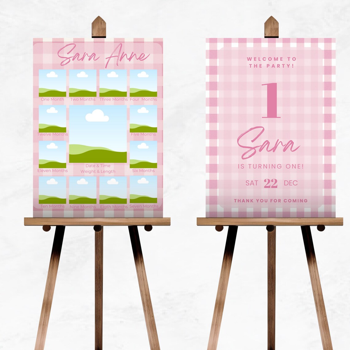 Pink Gingham First Birthday Party Bundle Customizable Editable ...
