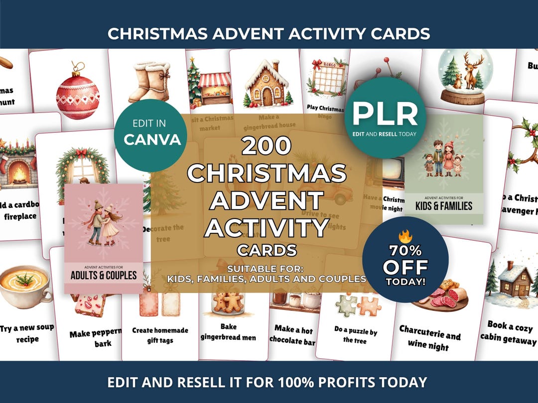 200 Christmas Advent Activity Cards, PLR Editable Canva Kids Advent ...