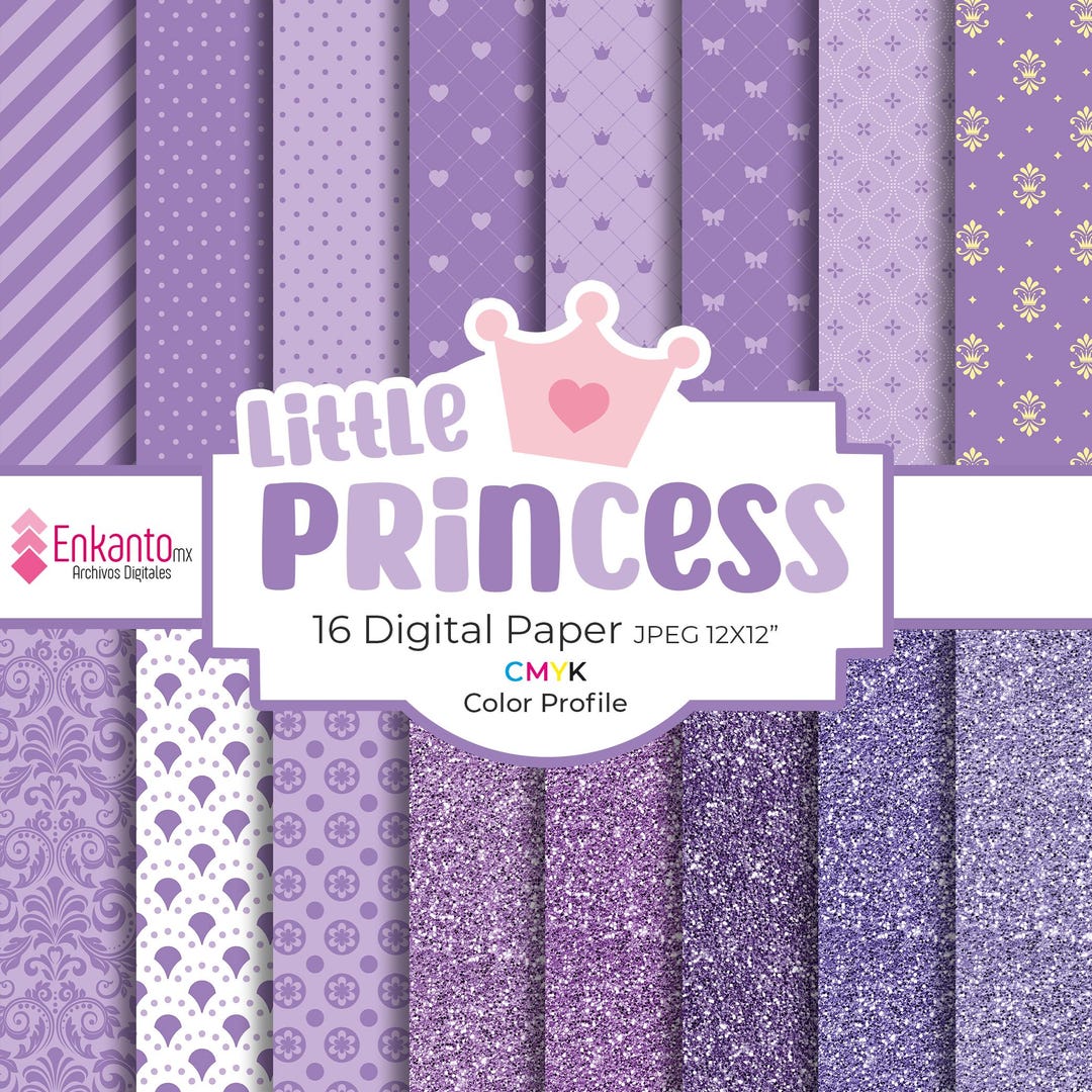 Princess Digital Paper & Clipart | Purple Glitter Crown Pattern PNG JPG ...