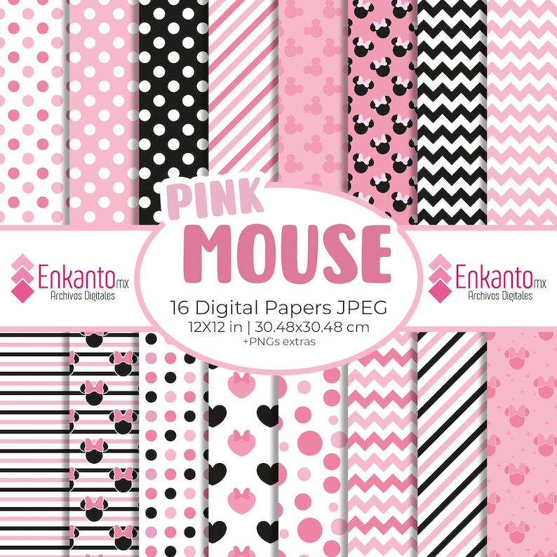 Pink Mouse Digital Paper & Clipart | Cute Cartoon Mouse PNG JPG, Pink ...
