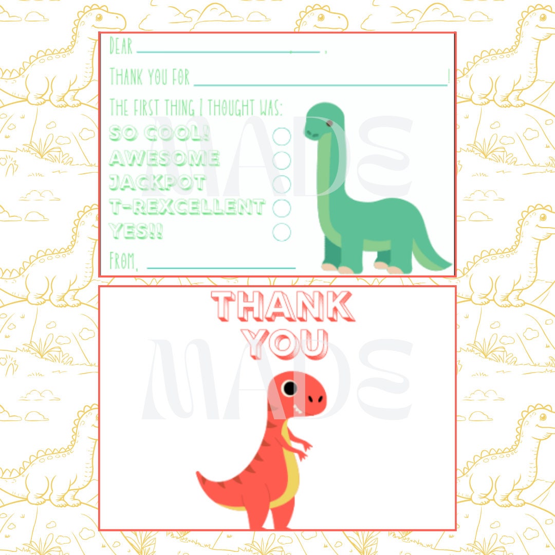 Kids Childrens Fill-in-the-blank Simple Modern Boys or Girls Dinosaur Theme Thank You 5*7 DOUBLE ...