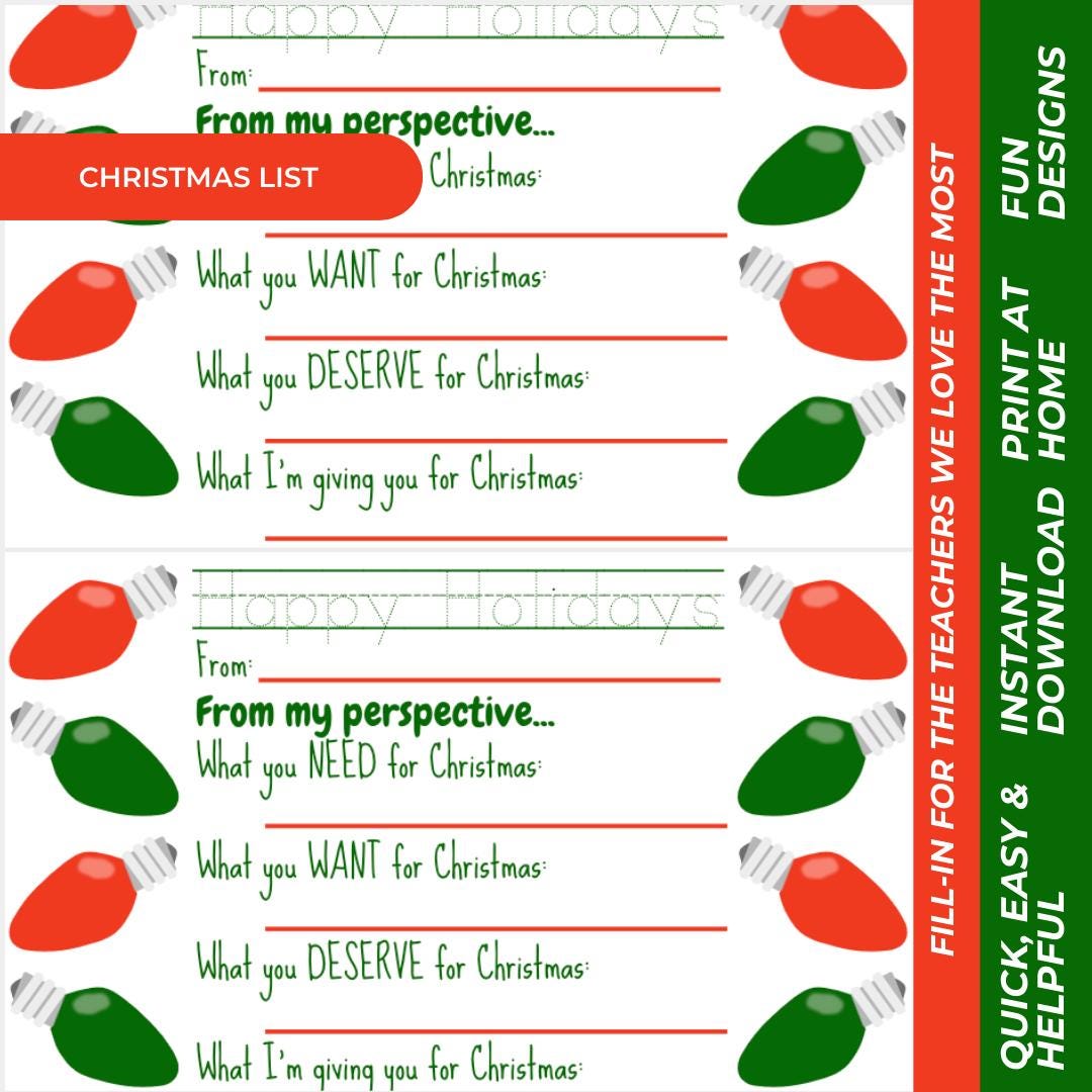 Teacher Holiday Fill-in-the-blank Sheet/card, Perfect for Christmas ...