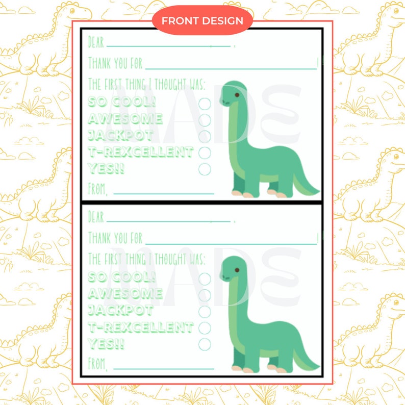 Kids Childrens Fill-in-the-blank Simple Modern Boys or Girls Dinosaur Theme Thank You 57 DOUBLE ...
