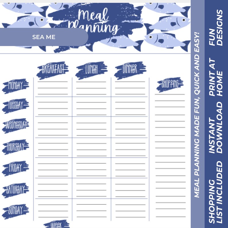 Meal Planning Worksheet With Grocery Shopping List Printable Fish ...