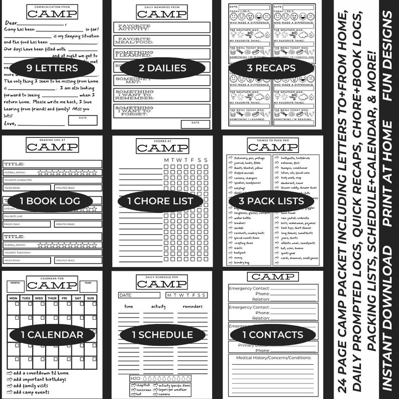 All Things Camping Packet (packing, Letters, Daily Journaling, Schedule ...