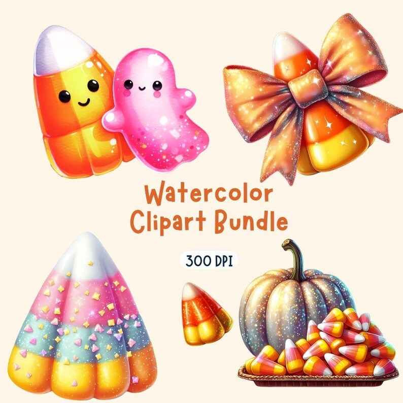 Cute Ghost Pumpkin Candy Corn Clipart, Halloween PNG Bundle, Watercolor ...