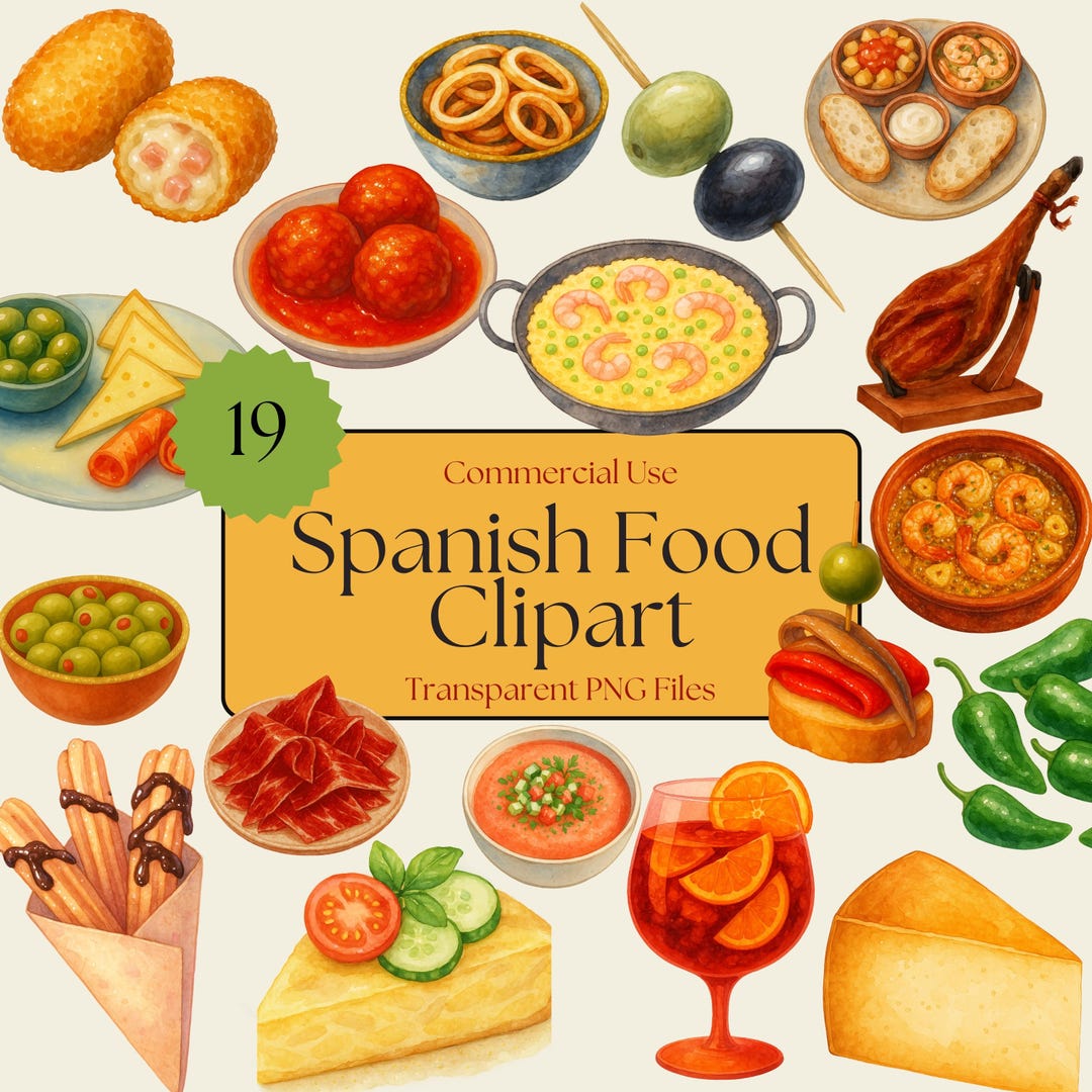 Spain Food Clipart, Spanish Travel Clip Art, Cuisine Tapas Paella ...