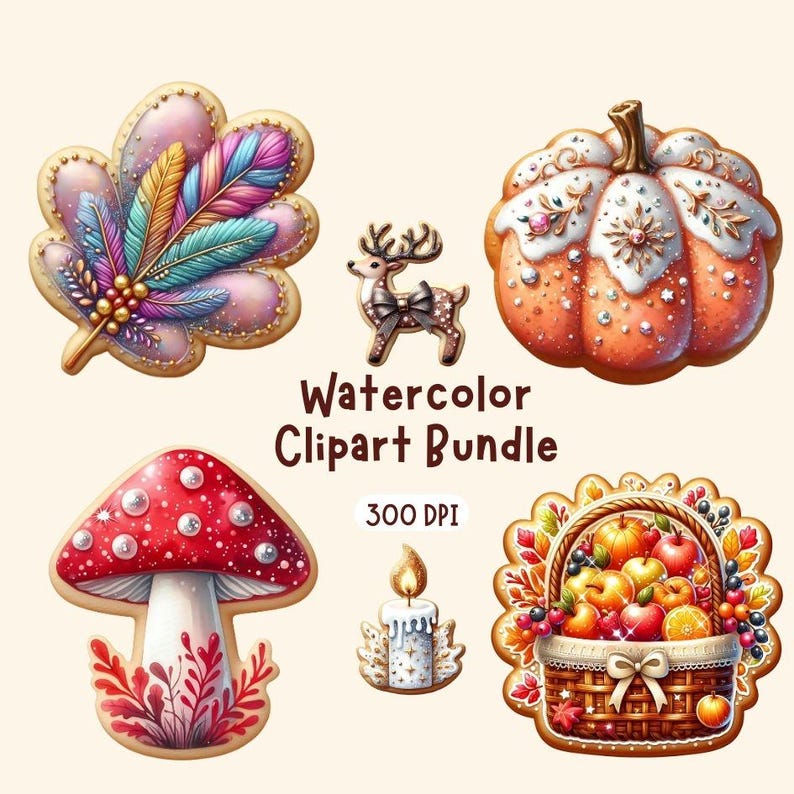 Thanksgiving Cookies Clipart PNG Bundle, Watercolor Sweet Treats ...