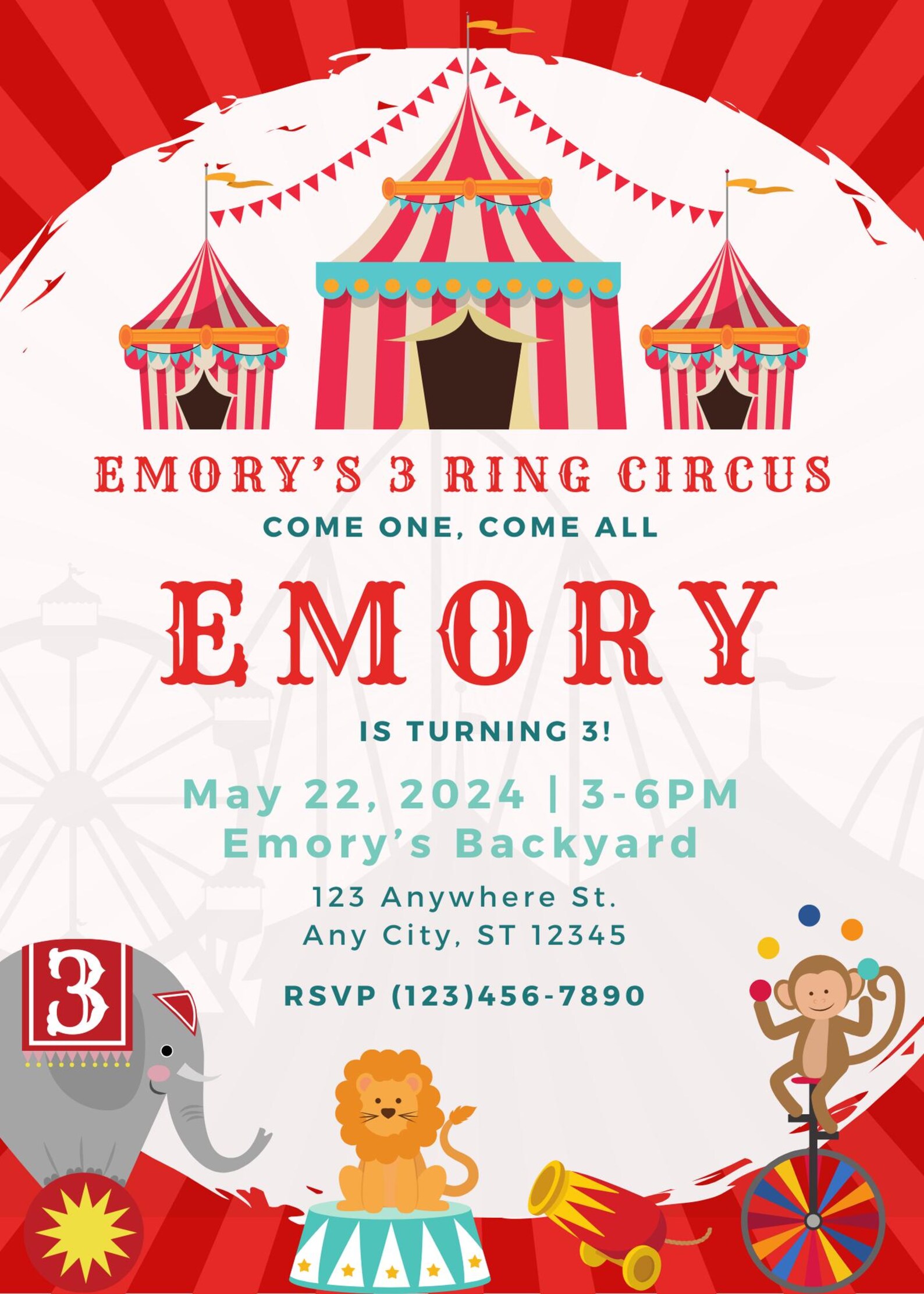 3 Ring Circus 3rd Birthday Invitation - Etsy