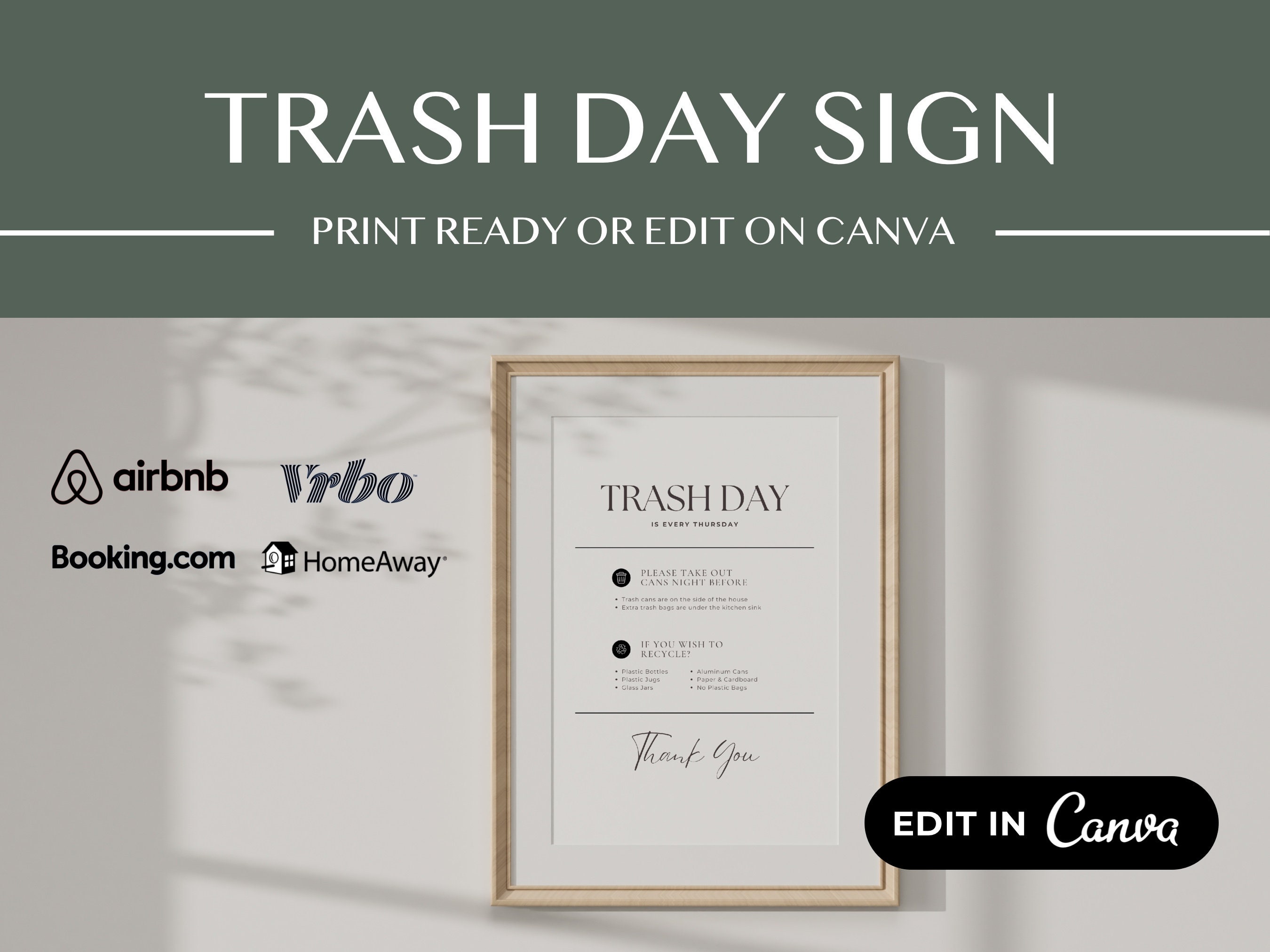 Editable Airbnb Trash Day Sign | Printable Short Term Rental Signs ...