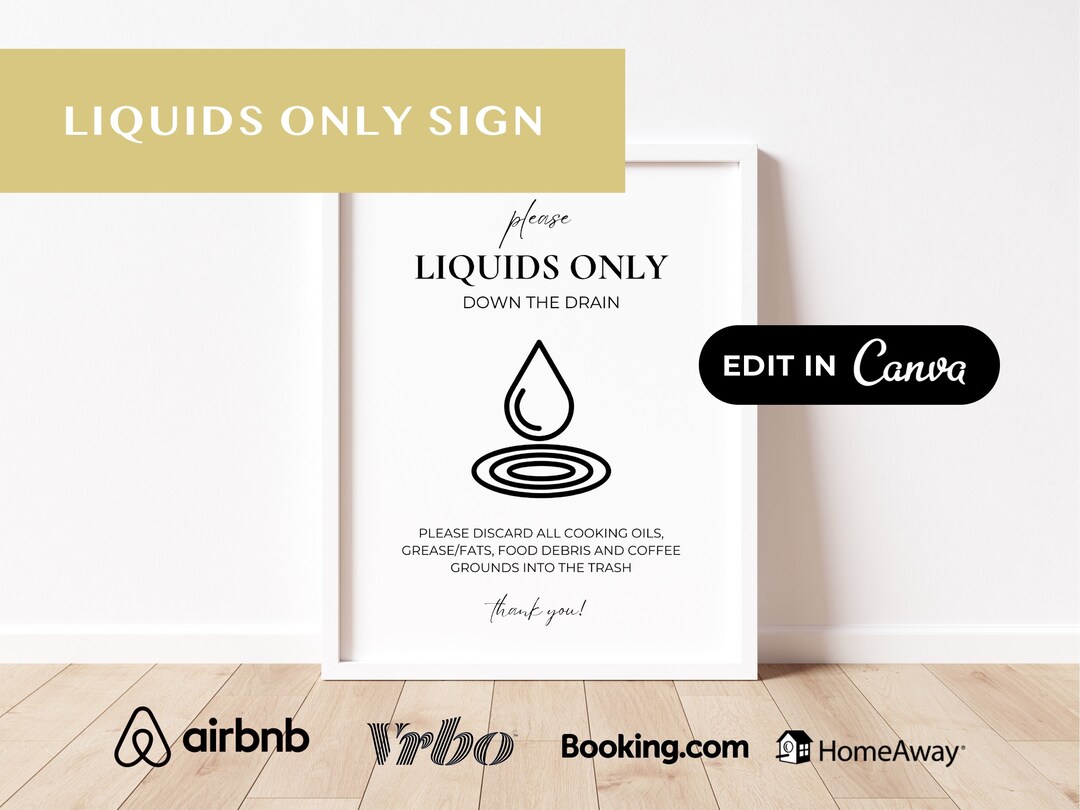 Airbnb Kitchen Sign Template, Liquids Only Sign, Kitchen Decor, Airbnb ...
