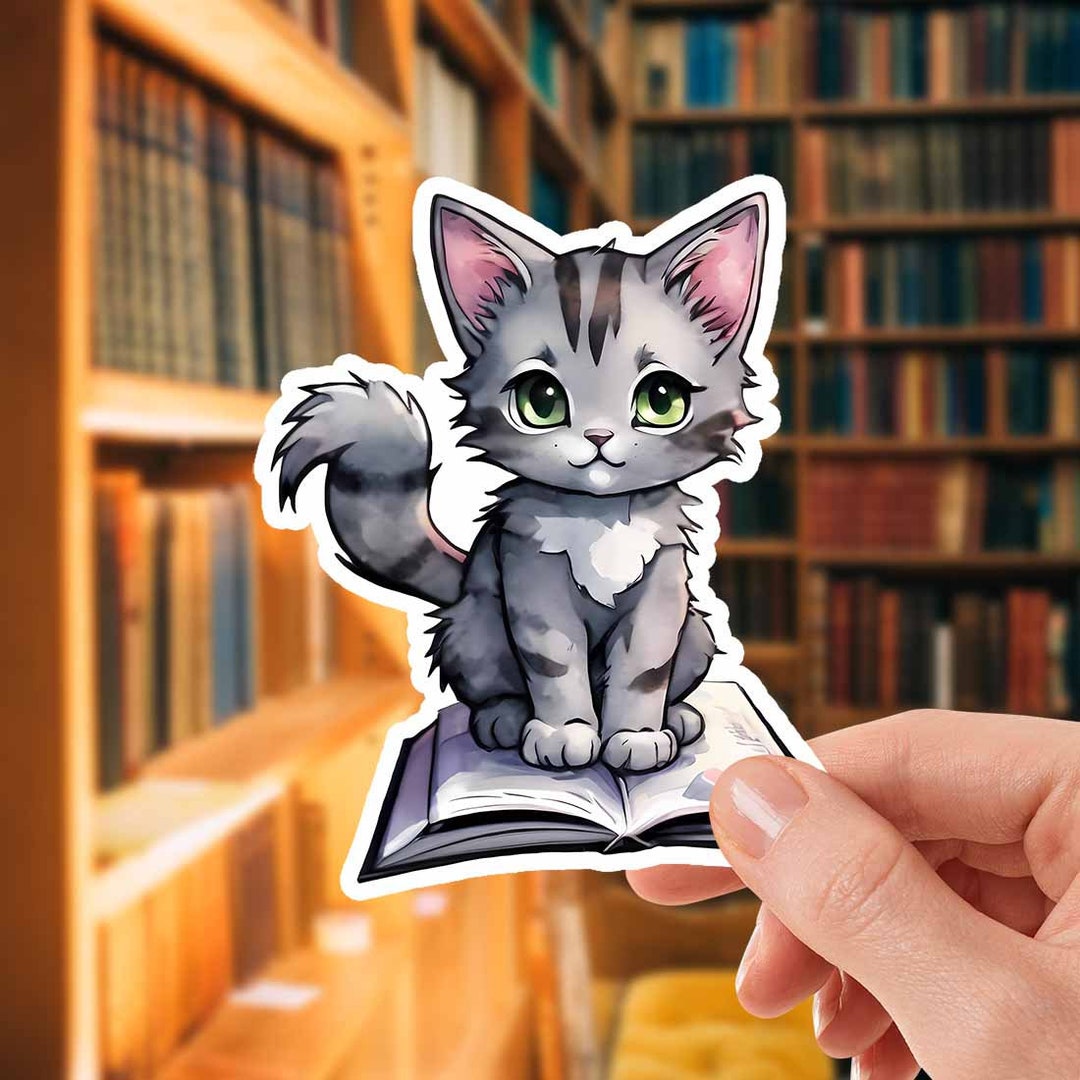 Cat on a Book Sticker Vinyl Cat Sticker, Cute Cat Stickers, Gifts for ...