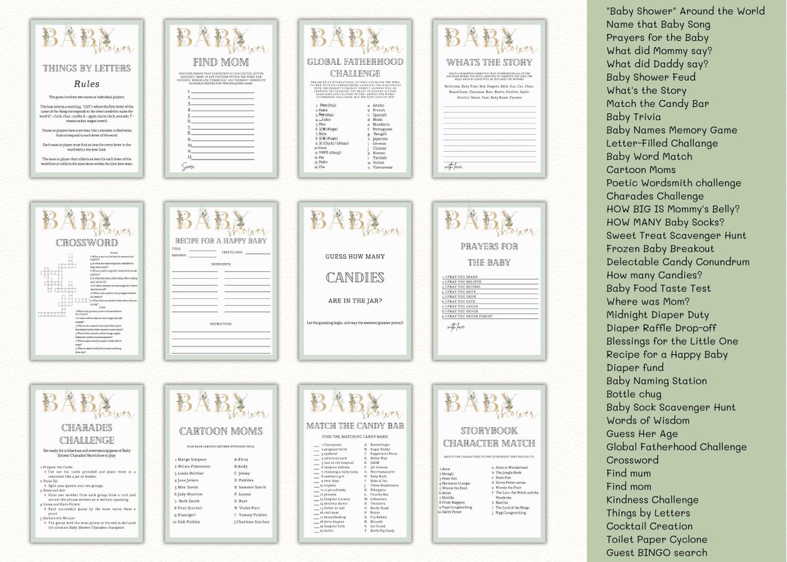 Printable Baby Shower Pack, Minimalist Baby Shower Games Bundle ...