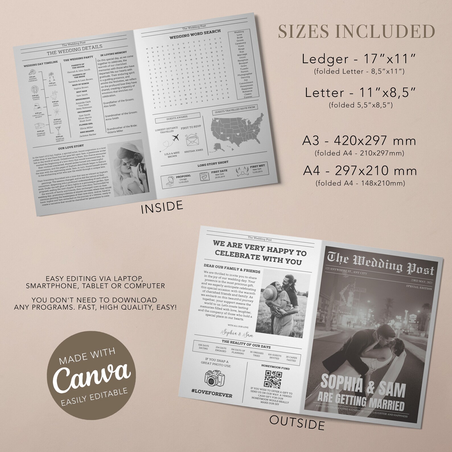 Editable Newspaper Wedding Program Template, Folded Wedding Day Program ...