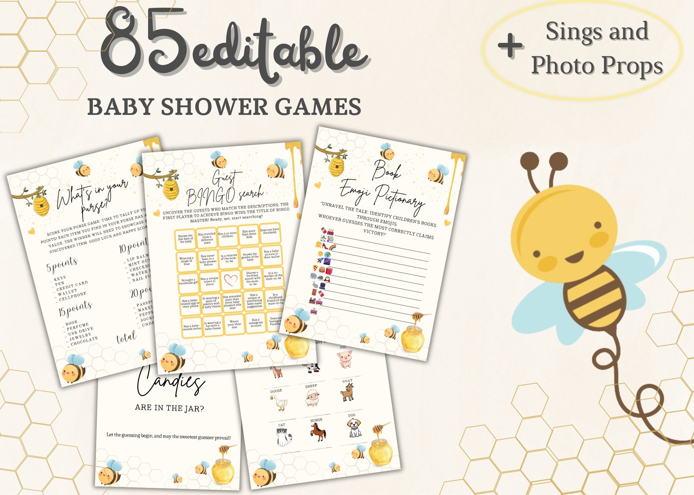 Bee Baby Shower Games Printable Girl Editable Instant Download 85 Games ...