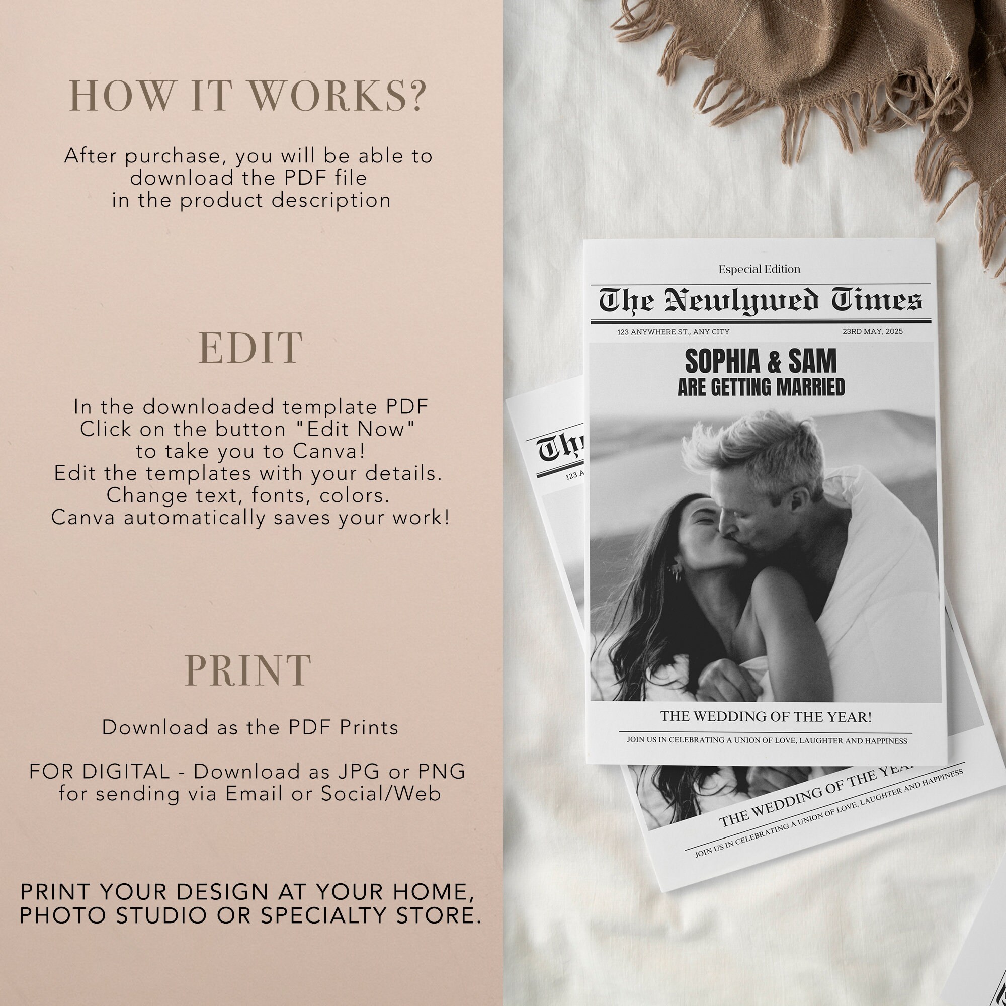 Printable Wedding Infographic, Editable Wedding Newspaper Program ...