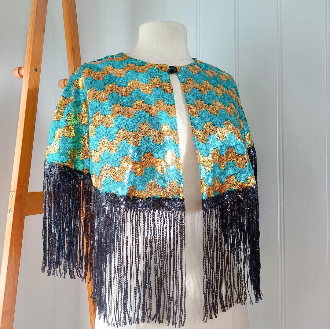 Sequin Fringe Cape - Handmade, Flapper Style, Gold & Turquoise Festival ...