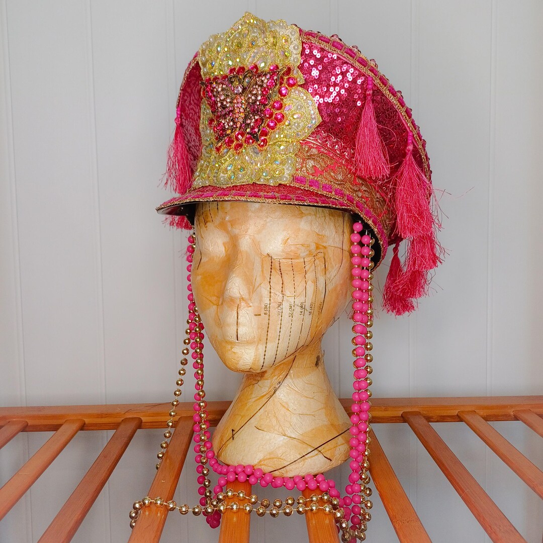 Pink and Gold Sequinned Festival Captain's Hat With Beads - Etsy