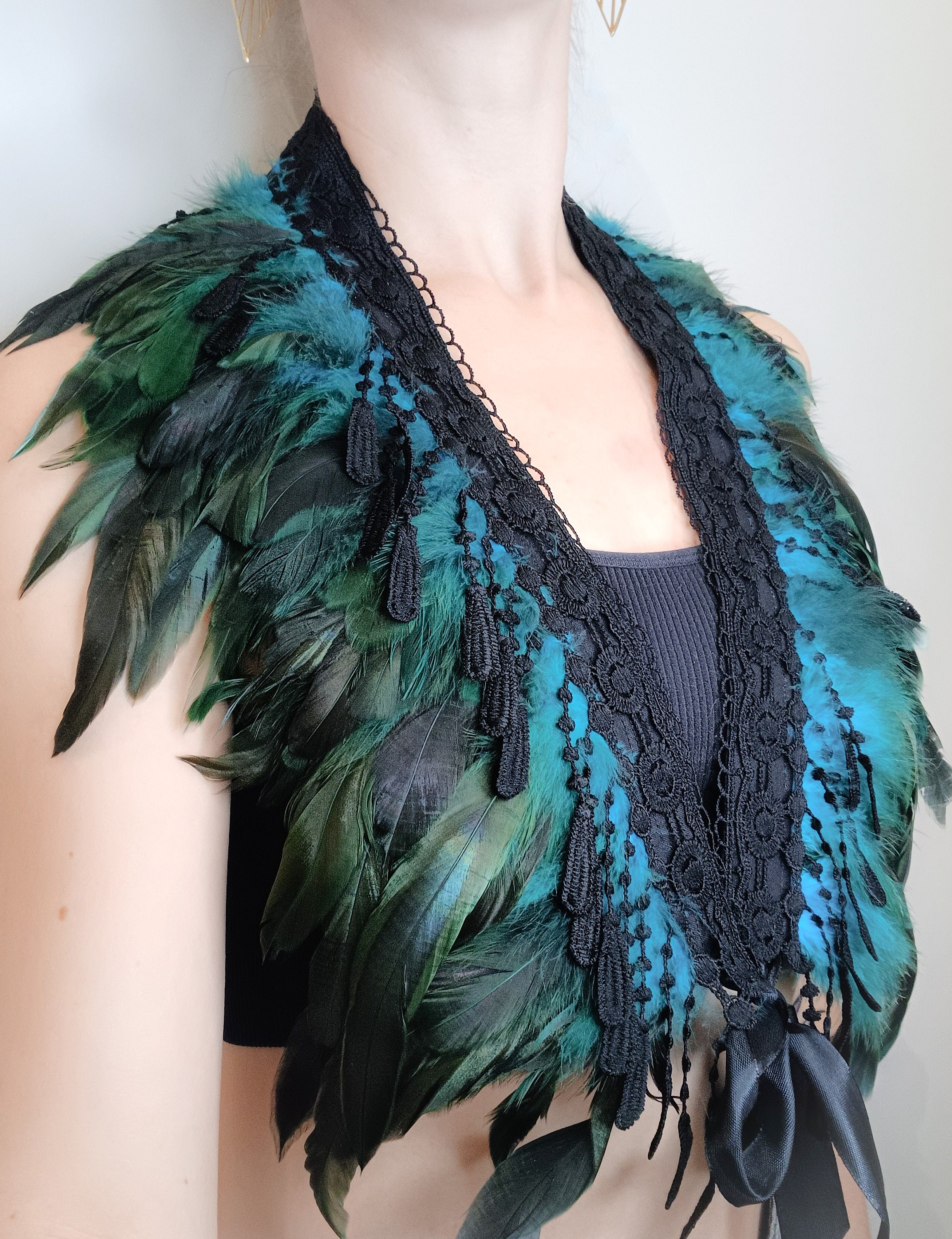 Blue Feather Shawl With Lace - Etsy