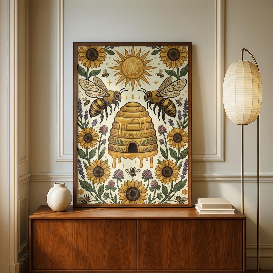 Vintage Bee Wall Art, Sunflower & Beehive Print, Cottagecore Kitchen ...