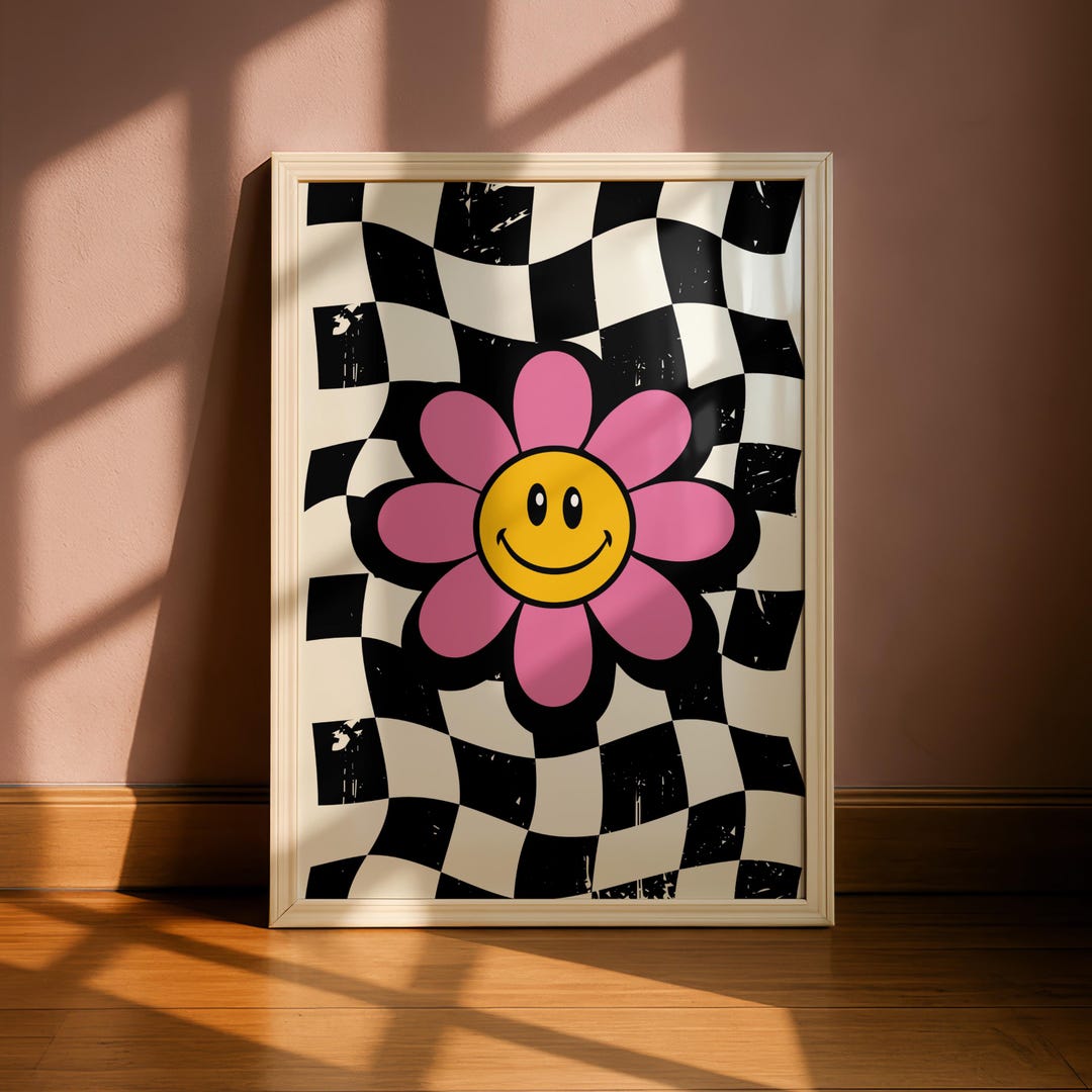 Groovy Smiley Face Flower Print, Wavy Checkered Wall Art, Funky Retro ...