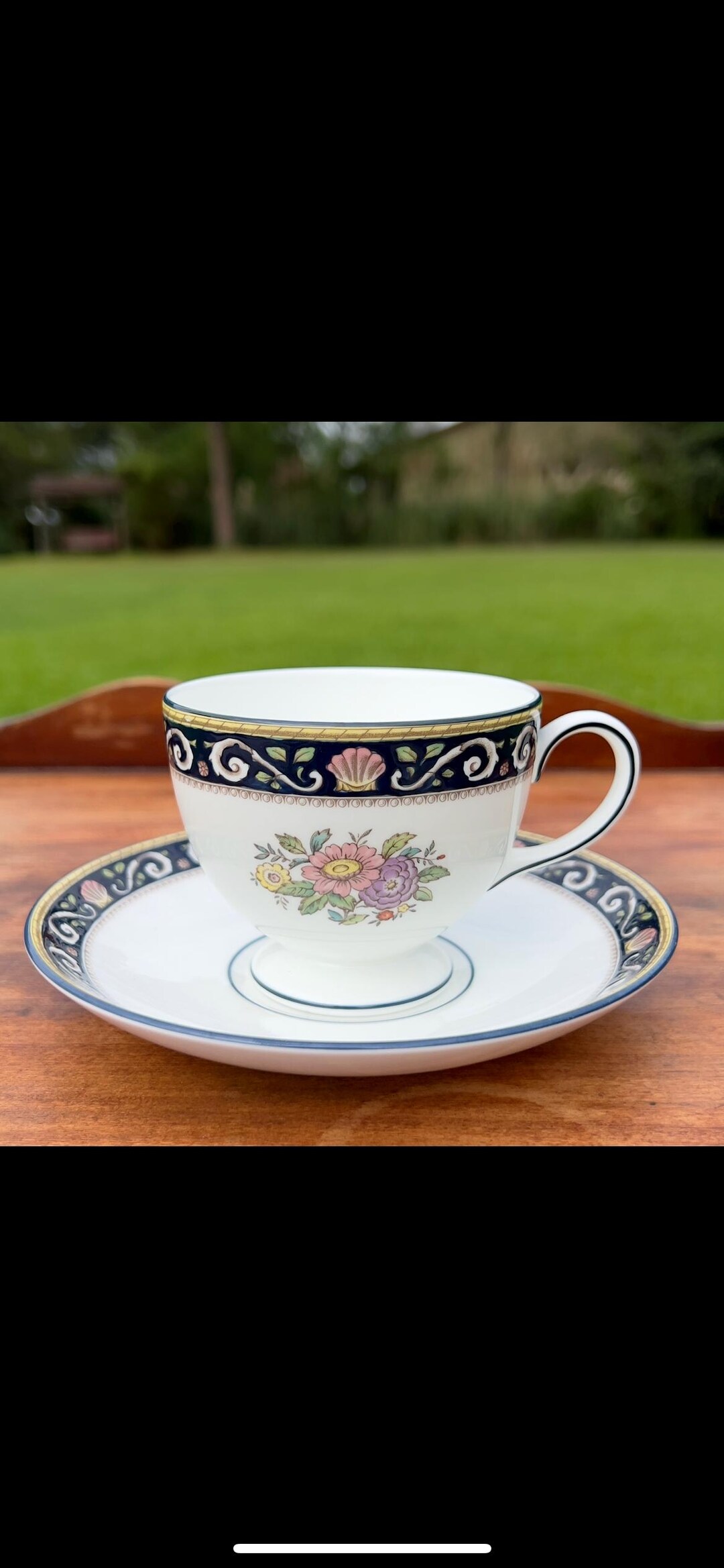 Wedgwood Tea Cup and Saucer Runnymede Dark Blue Bone China Footed Tea ...