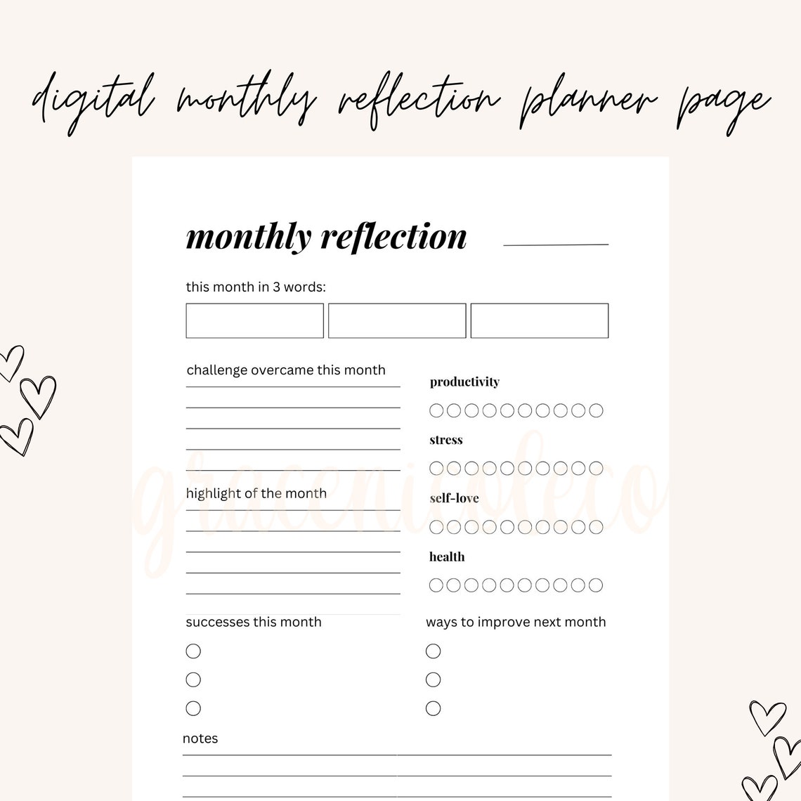 Monthly Reflection Digital Planner Page Monthly Review Fully ...
