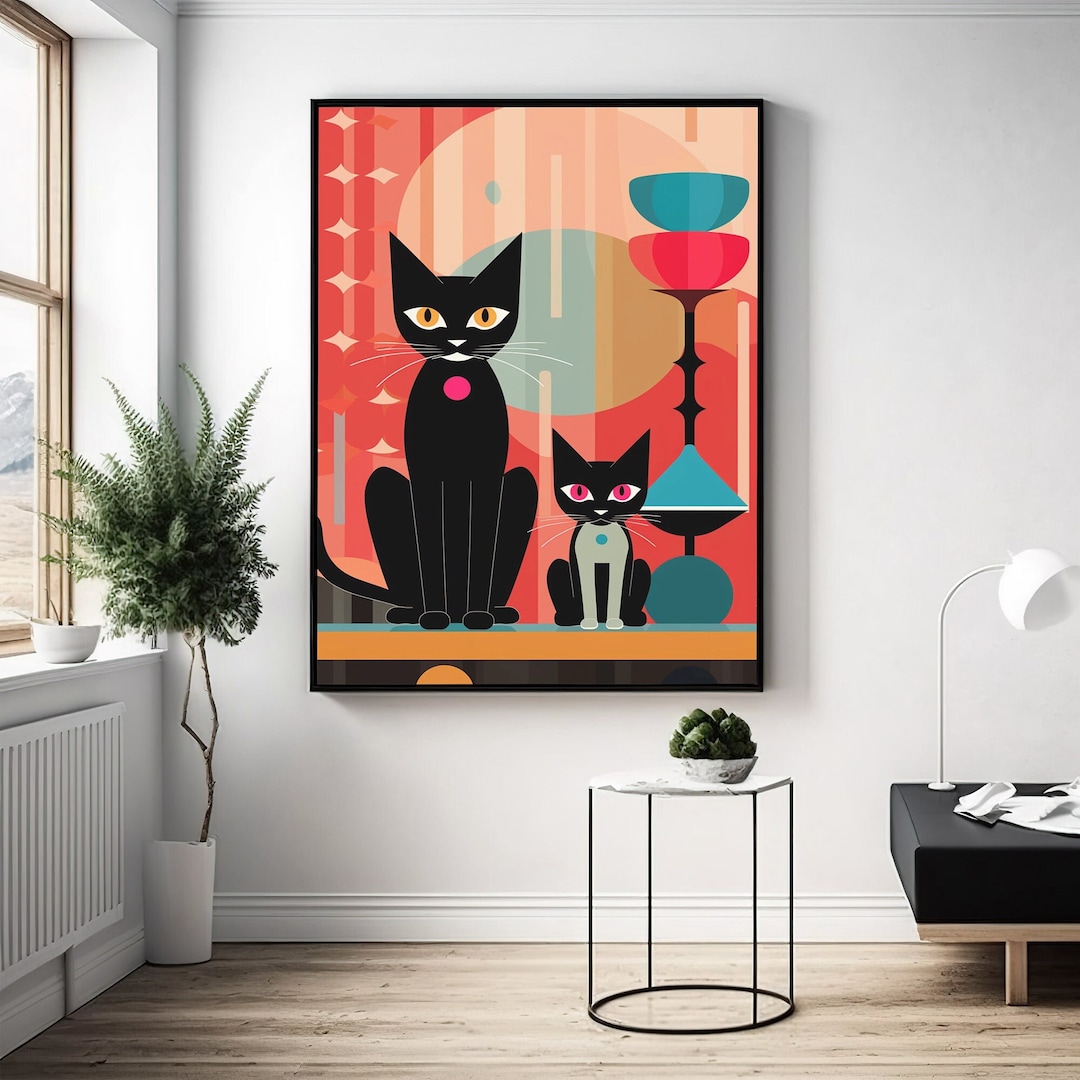 Mid Century Canvas, Mid Century Cat, Cat Canvas, Mid Century Wall Art ...
