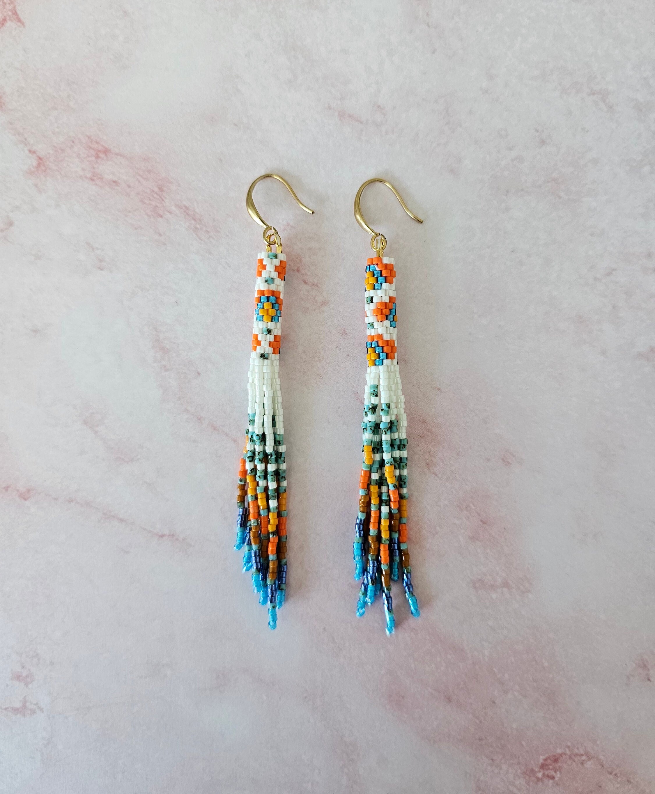 Handwoven Tassel Fringe Earrings With White, Turquoise, Orange and Blue ...