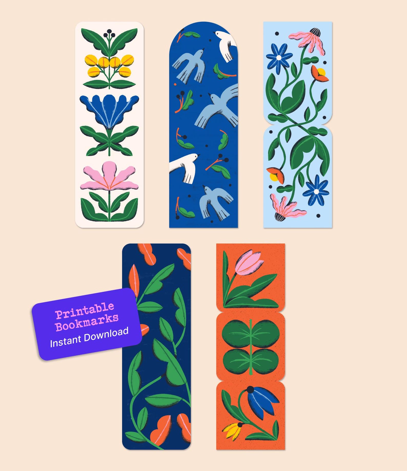 Set of 5 Printable Floral Bookmarks Set | Digital Download | Book Lover ...
