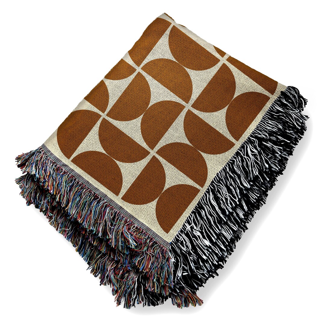 MCM Blanket - Bauhaus Tapestry, 100% Cotton Throw With Fringed Edges, Brown and Beige Boho Home ...