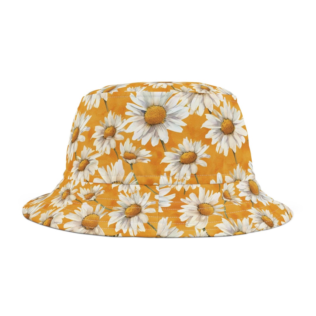 Daisy Bucket Hat, Yellow With White Daisies Pattern Bucket Hat, Durable ...