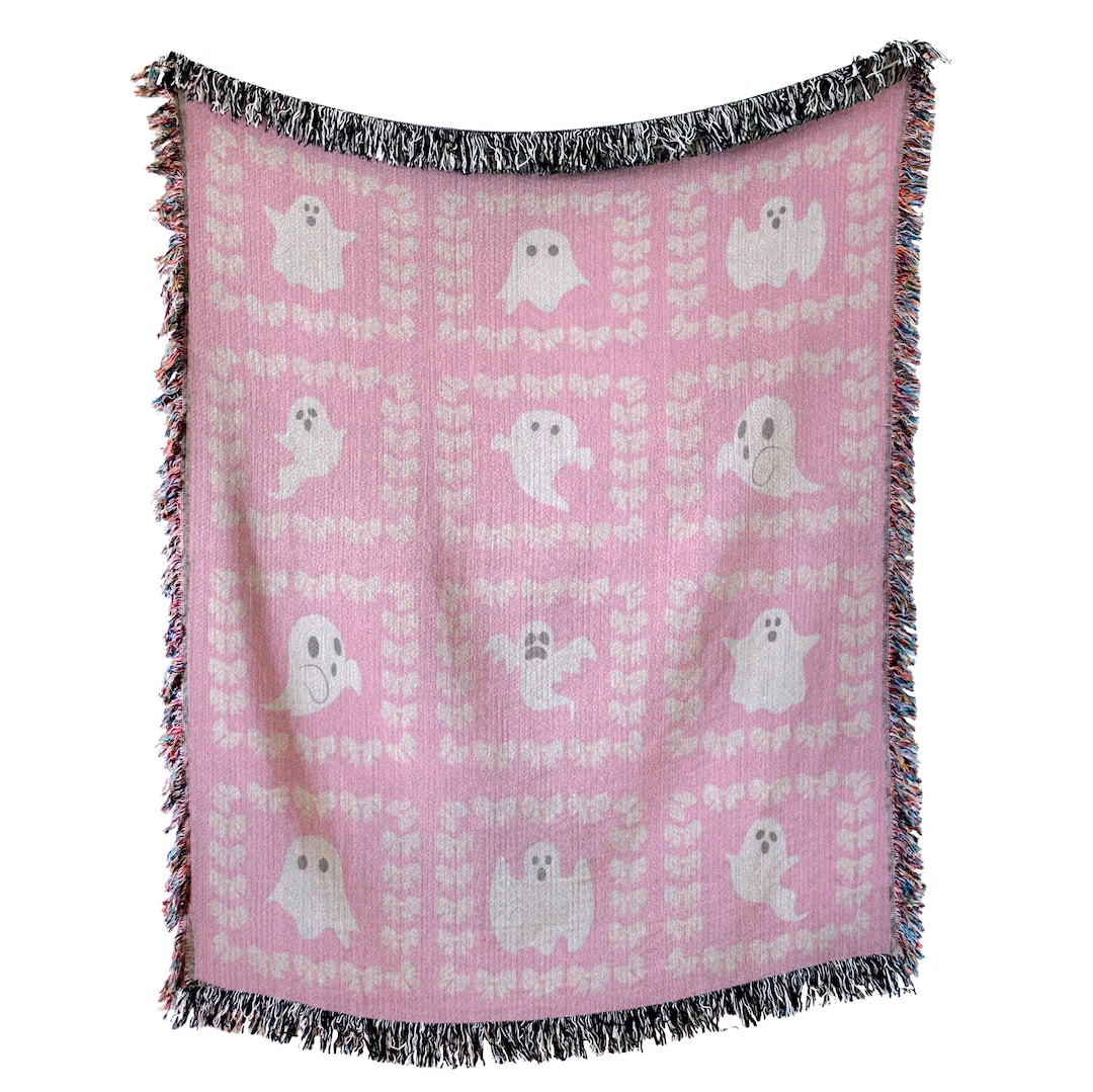Pink Woven Blanket - Ghost Tapestry, 100% Cotton, Fringed Edges ...